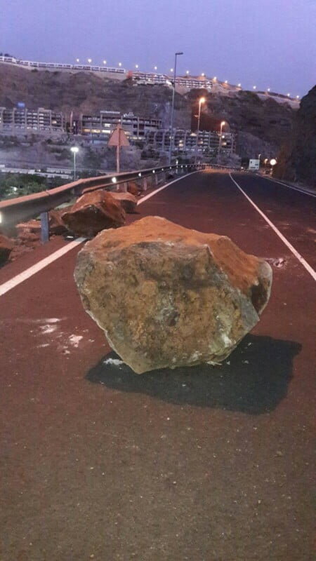 Rockfall on road passing Amadores on the south of the island • The ...